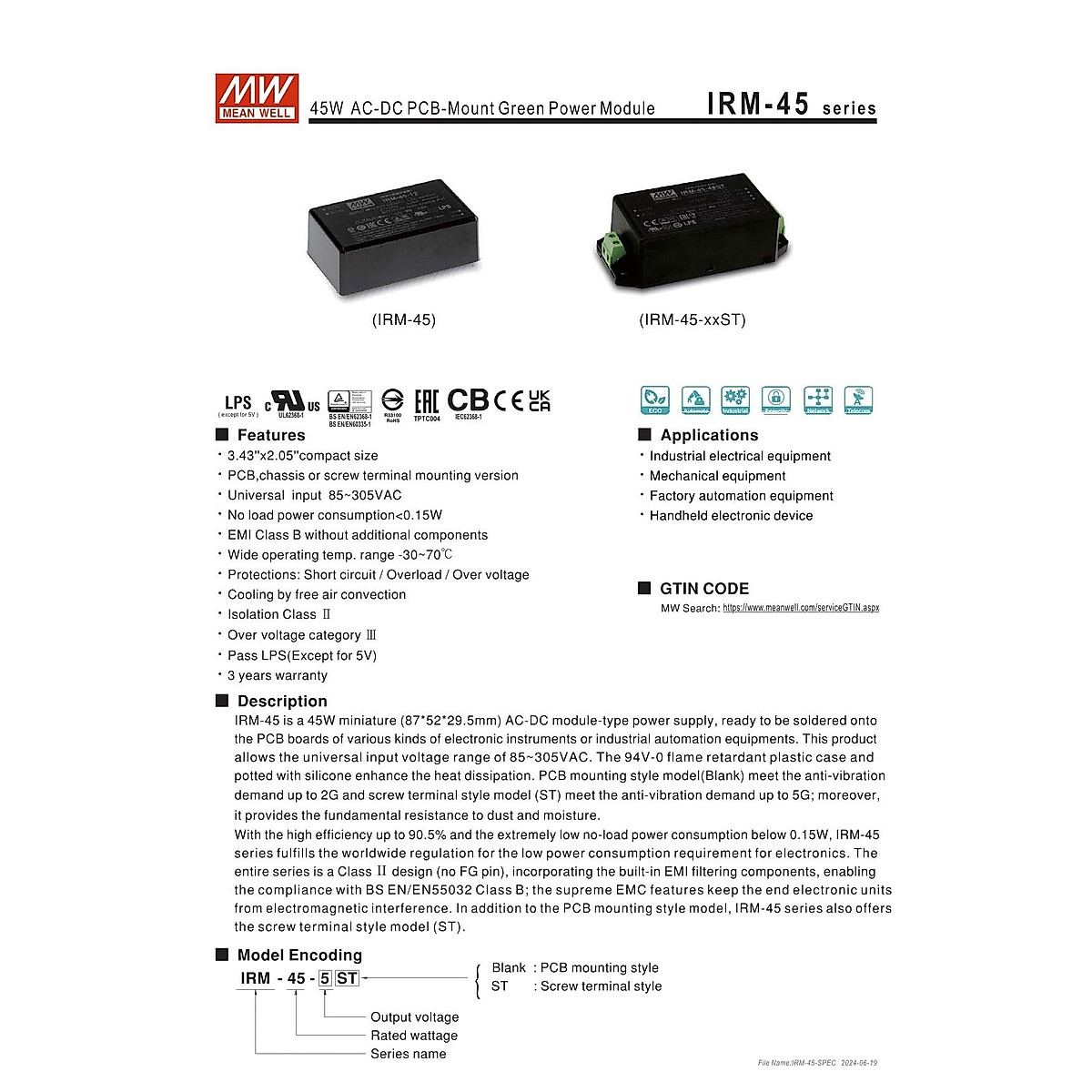 Mean Well IRM-45-5ST 40W AC-DC PCB-Mount Green Power Module IRM-45 5V 8A