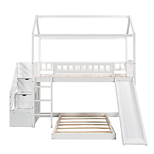 Twin Over Twin Bunk Bed with Slide, House Bunk Bed with Storage Stairs, Wooden Floor Bunk Bed with Roof and Security Guardrails, L Shaped House Bunk Bed for Kids Teens Boys Girls,White
