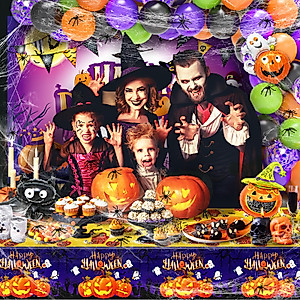 Halloween Birthday Party Decorations, Halloween Themed Birthday Party Decorations with Purple Orange Balloons Garland Happy Birthday Backdrop Tablecloth Spider Web for Halloween Boo Day Decorations