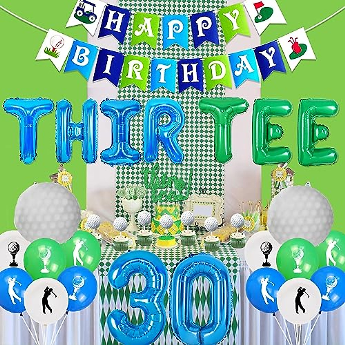 Balterever Golf 30th Birthday Decoration Thir-Tee Birthday Golf Decorations with Thir-Tee Birthday Banner Thir-Tee Birthday Cake Cupcake Toppers Golf Ball Foil Balloon for Golf Theme Birthday Supplies