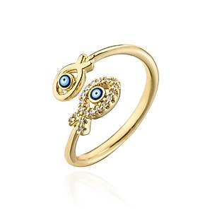 Double Fish Blue Evil Eye Wrap Open Rings 18K Gold Plated Sparkly Cubic Zirconia Good Luck Statement Adjustable Stacking Middle Tail Finger Thin Ring for Women Symbol of Protection Talisman Amulet Lucky Jewelry Fashion CZ Gifts for Mom