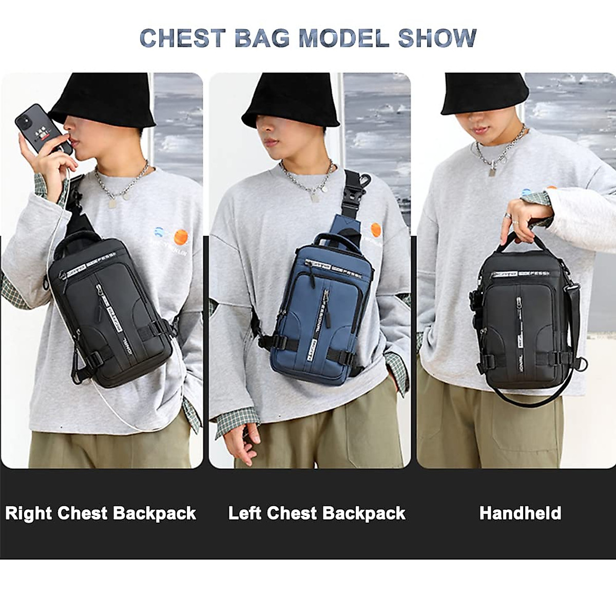 JBB Waterproof Sling Bag Crossbody Backpack for Men Women Multipurpose Waist Pack with USB Charging Port for Hiking Walking Black