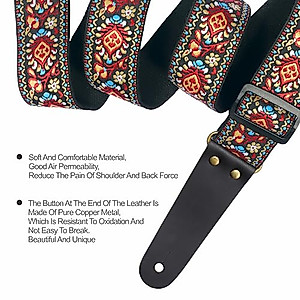 Nefelibata Guitar Strap, Embroidered Cotton Guitar Straps with Head Cowhide Leather Ends for Bass, Electric & Acoustic Guitars, with Free Strap Button, 1 Pair Strap Locks and 4 Guitar Picks (Saffron)