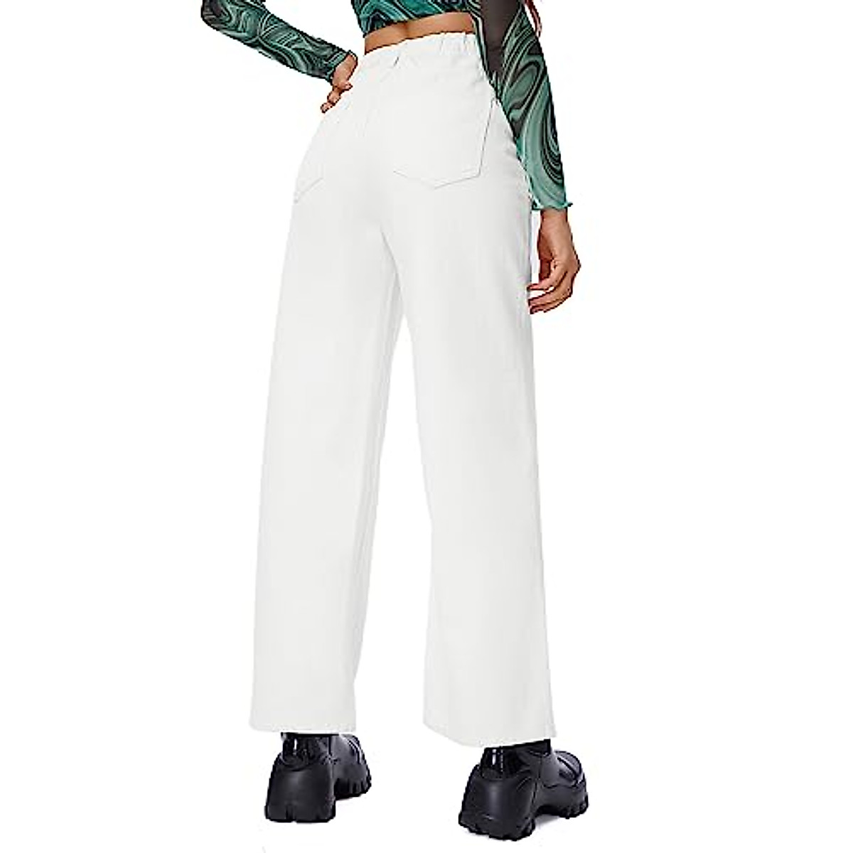 SweatyRocks Women's Casual Loose High Waist Solid Straight Wide Leg Jeans White Elastic Waist S