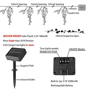 Flower String Lights Solar Powered, 33.6FT Patio String Lights with 60 Warm White LED, 6 Clusters Wisteria Floral and 6 Grapevines Outdoor Lights Perfect for Home Garden Wedding Party Umbrella Décor