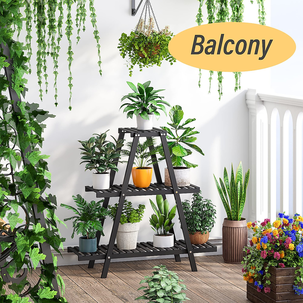 Furshus Plant Stand Indoor, Outdoor bamboo Plant Stands for Multiple Plants, 3 Tier 8 Potted Flower Holder Ladder Plant Rack,Plant Shelf Ladder Table Plant Pot Stand for Living Room, Patio, Balcony