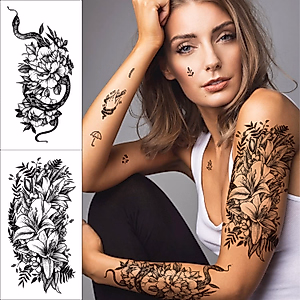 SOOVSY 46 Sheets Full Arm Temporary Tattoo for Men Women with Lion Lily Daisy Peony Rose, Half Arm Temporary Tattoos for Adults with Butterfly Bird Snake, Fake Tattoos That Look Real and Last Long