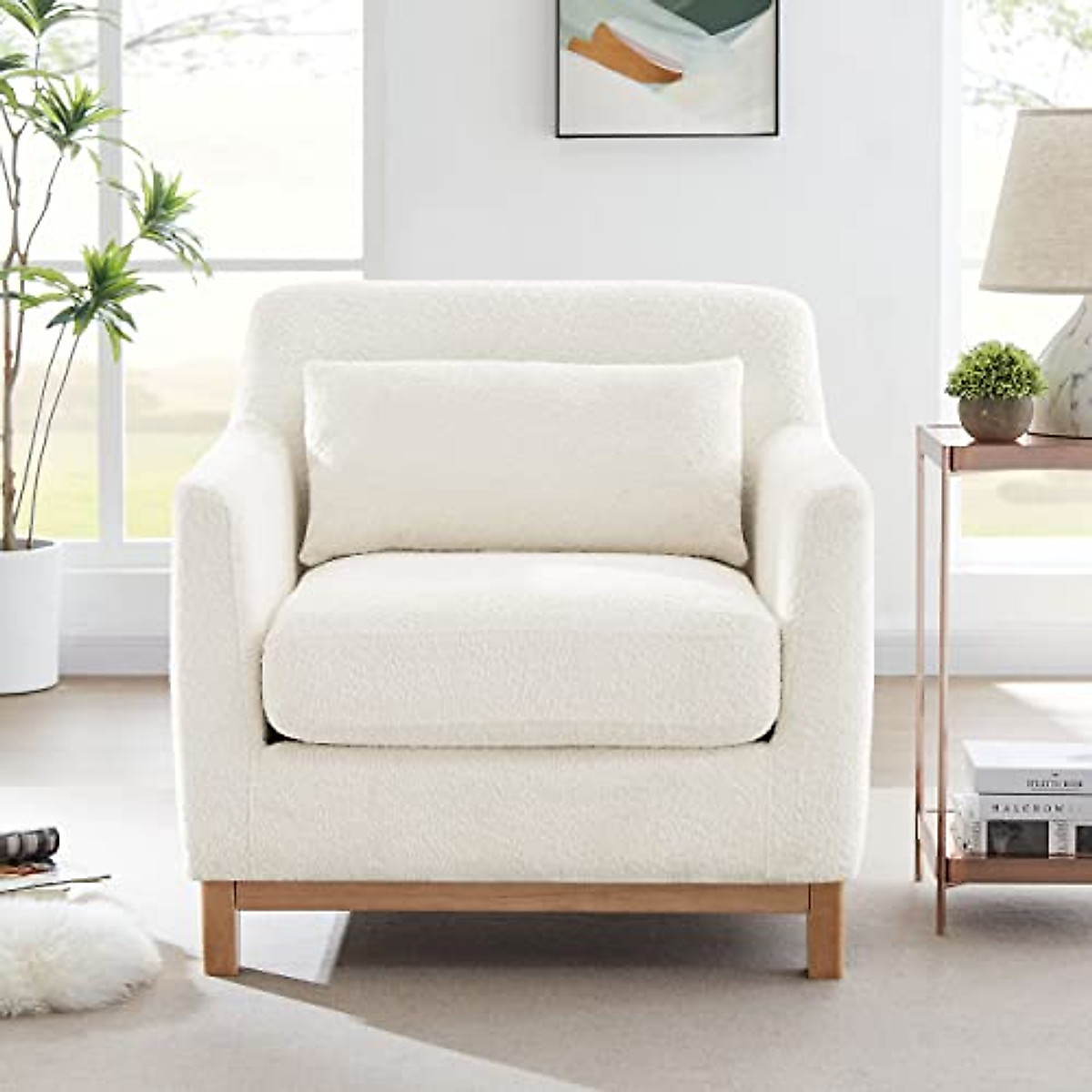 VANOMi Extra Deep Accent Chair, Fabric Upholstered Comfy Reading Armchair for Living Room, Bedroom Single Seat Sofa Chair with Wood Base, Lamb Fabric