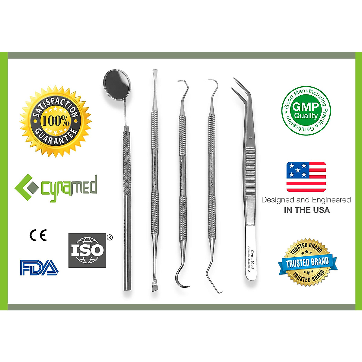 CynaMed Dental Tools Oral Care Kit (5-Pack) – Stainless Steel Dental Pick, Tartar Scraper, Scaler, Tweezers, and Mouth Mirror for Personal & Pet Use