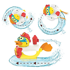 Yookidoo Jet Duck Firefighter Bath Toy with Powered Water Hydrant Shooter - Sensory Development & Bath Time Fun for Kids - Battery Operated Bath Toy with 15 Pieces - Ages 2+