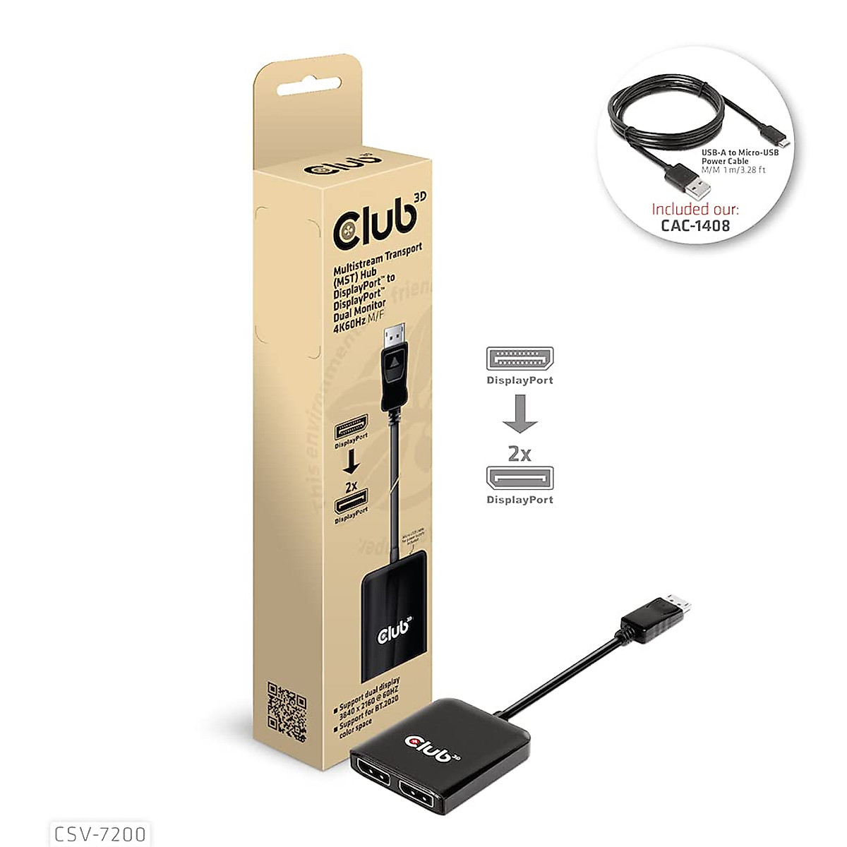 Club 3D CSV-7200 Displayport 1.4 to Displayport Dual Monitor 4K 60Hz M/F MST hub