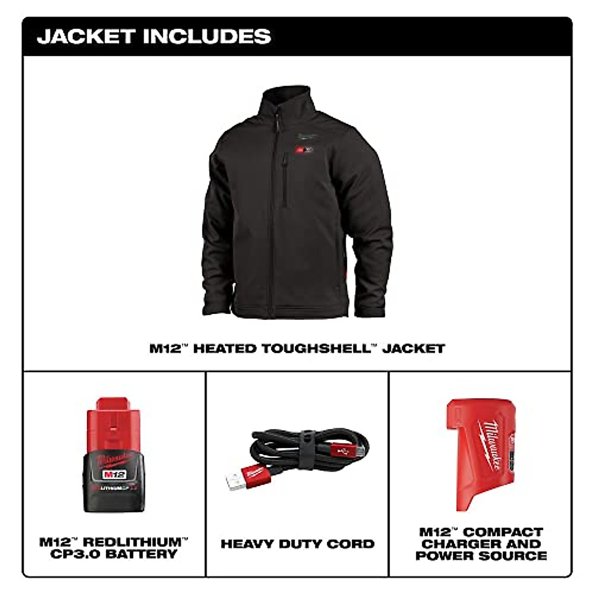 Milwaukee 204B-21L M12 TOUGHSHELL Lithium-Ion Cordless Heated Jacket (3 Ah) - Large, Black