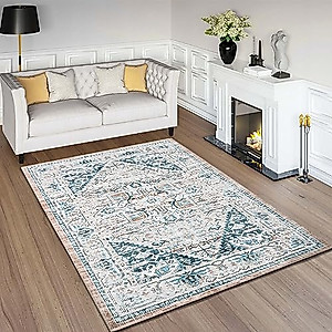 Asrug 4x6 Washable Area Rug, Boho Non-Slip Entryway Rug Doormat Stain Resistant Non-Shedding Distressed Throw Carpet for Bedroom Living Room Kitchen Bathroom, Light Blue