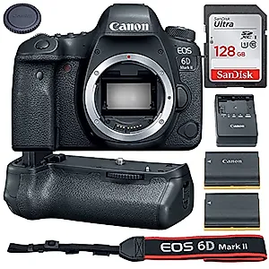 Canon EOS 6D Mark II Full Frame Digital SLR Camera Body Bundle + 128GB Ultra High Speed Memory + Battery Grip and Extra Battery