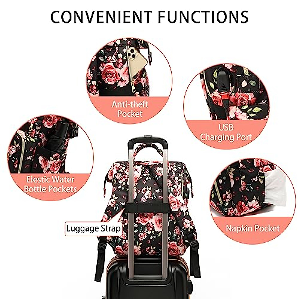 Goodsnetic Laptop Backpack for women Cute Laptop Bag Computer Bag Floral Laptop Purse with USB Charging Port, 15.6-Inch,2 PCS, Black