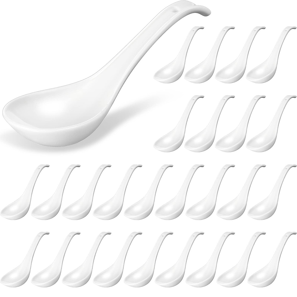 Set of 24 Asian Soup Spoons Ceramic Chinese Japanese Soup Spoons 6.75 Inch Large Ultra-fine Porcelain Kitchen Tablespoon for Dumpling Ramen Cereal Stews Pho Wonton, Deep Oval Hook Design (White)