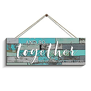 Creoate Together Wall Decor and So They Built a Life They Loved Sign Rustic Wood Plaque Family Sign Home Decoration for Living Room, Small, Christmas Gift for Home (Teal,4.7x13.7IN)