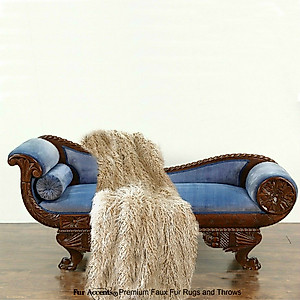 Fur Accents Luxury Faux Fur Throw Blanket - Natural Beige Mongolian Shag Long Hair Llama Sheepskin USA (5'X8')