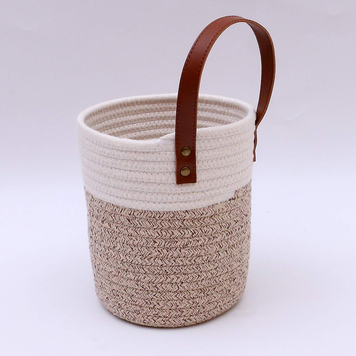 Hanging Storage Baskets Set of 2 For Wall/Door/Garage/Cabinets/Closet Organizer 6.7"x7.9" Small Woven Cotton Rope Basket with Leather Handle Home Décor for Plants