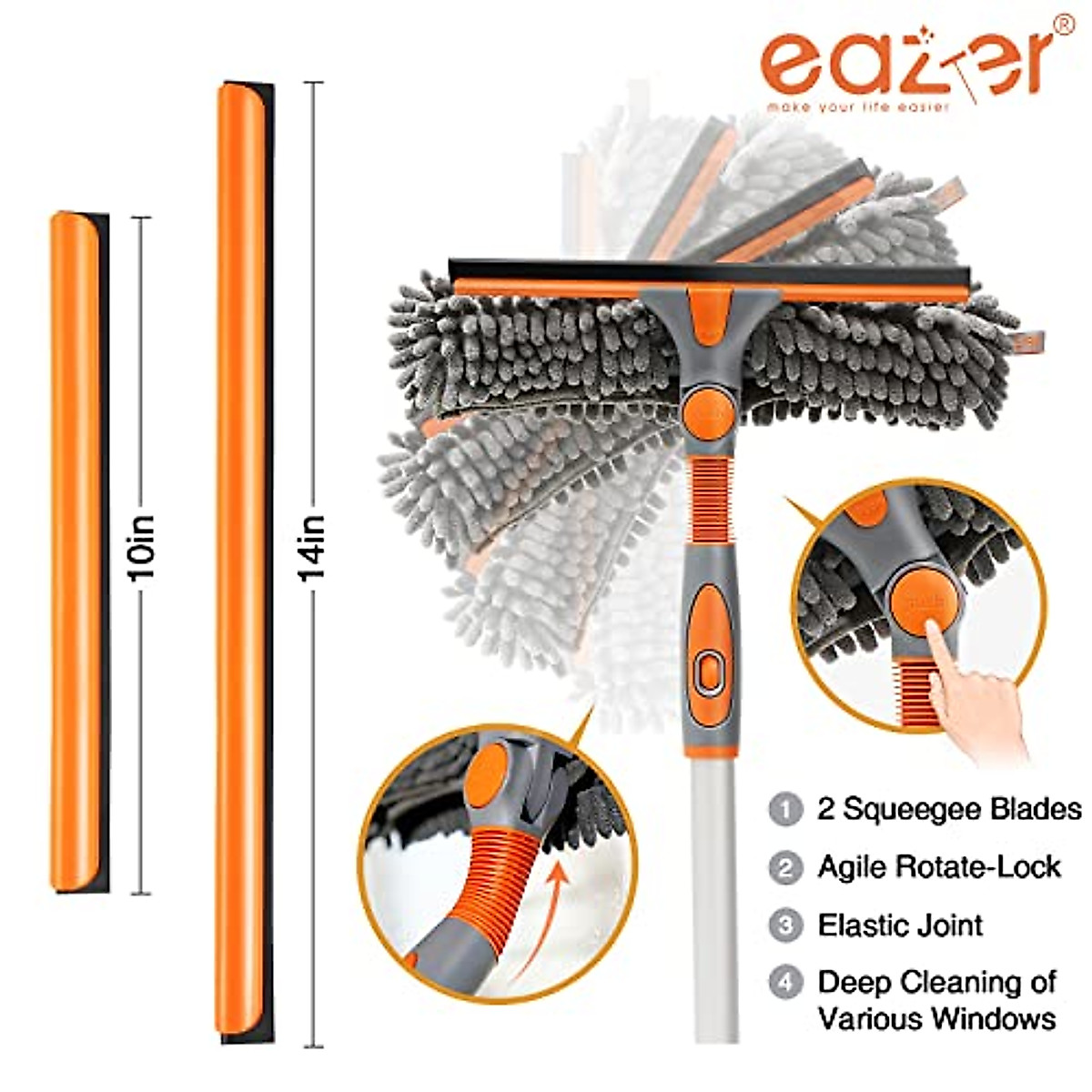 eazer Squeegee Window Cleaner 2 in 1 Rotatable Window Cleaning Tool Kit with Extension Pole, 62‘’ Telescopic Window Washing Equipment with Bendable Head for Indoor/Outdoor Car Glass - 4 Pads