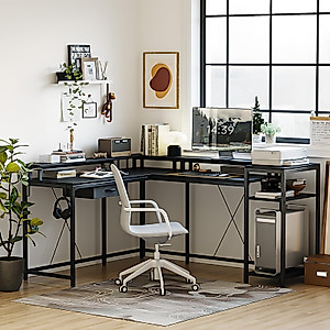 Jojoka 68" L Shaped Gaming Desk, Computer Desk with Power Outlets & LED Lights, Home Office Desk with File Drawer, Corner Desk with Monitor Shelf and Hook, Two Person Desk (Black)