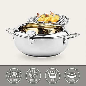 Kerilyn Deep Fryer Pot, 11 Inch/4.2 L Janpanese Style Tempura Frying Pot with Lid, 304 Stainless Steel with Temperature Control and Oil Drip Drainer Rack, for Kitchen French Fries, Chicken etc