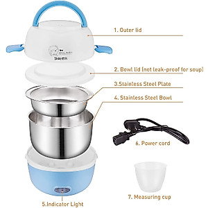 Mini Rice Cooker- 110V 200W Removable Stainless Steel Food Heating Rice Cooker - with Bowl, Plate, Measuring Cup (Blue)