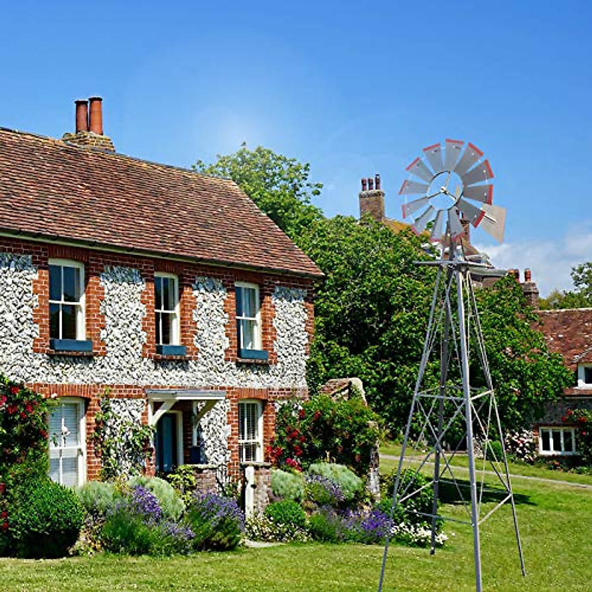 HAHASOLE 8ft Garden Windmill, Heavy Duty Durable Metal Weather Vane for Backyard, Ornamental Windmill for Yard Weather Resistant (Gray, 8FT)