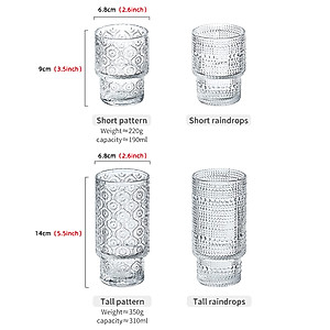 POLIDREAM Vintage Glassware Set of 4 pcs Glass Cups, 2 Embossed Stackable Pattern Style & 2 Raindrop Origami Style, Elegant Old Fashioned Glasses, Ideal for Whiskey, Cocktail, Ice Coffee, Beer