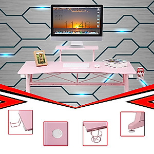 ErgoDesign Gaming Desk with Z Shaped Legs, Professional Game Work Station, PC Gamer Table with Stand Cup Holder & Headphone Hook (White/Pink)