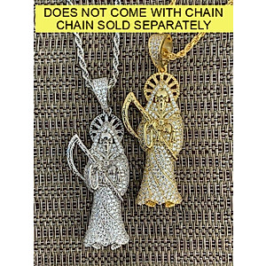 Solid 925 Sterling Silver - Large Men's Grim Reaper Death Pendant - Iced Santa Muerte Piece - Great Necklace (gold-plated-silver)