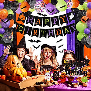 Halloween Birthday Party Decorations Include happy birthday halloween banner halloween balloons Halloween Birthday Cake Topper halloween fringe curtain for Halloween Birthday Party Supplies