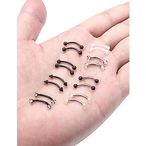 Prjndjw Black 8Pairs 16G 3/8in Eyebrow Piercing Earrings Stainless Steel CZ Matt Ball Curved Barbell Daith Rook Snug Tragus Body Jewelry Retainer for Women Men
