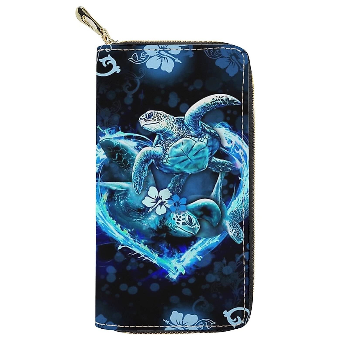 chaqlin Women's Wallet Long PU Leather Floral Sea Turtle Print RFID Blocking Wallet Card Holder Ladies Fashionable Purse Blue