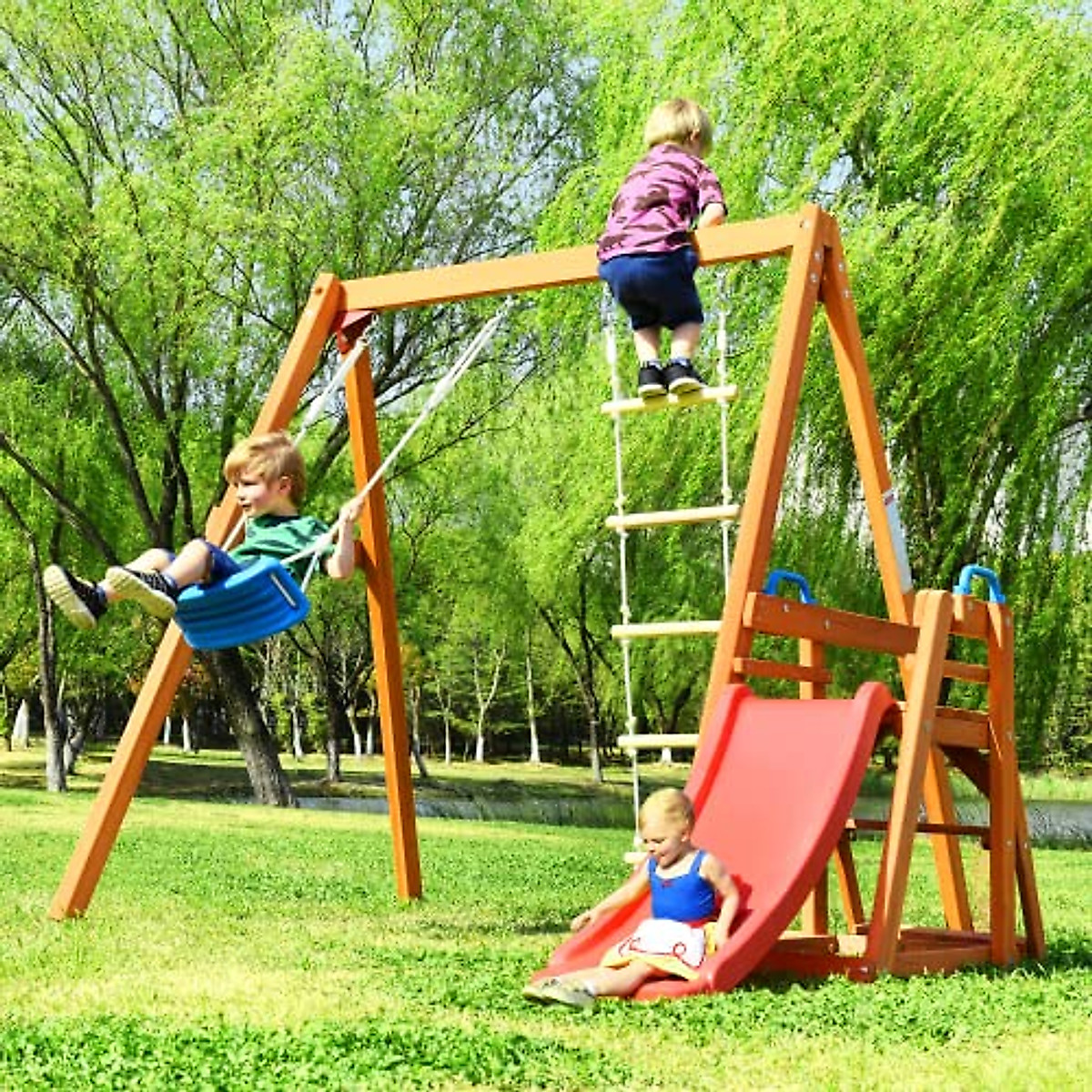 Kiriner Wooden Swing Set with Slide, Outdoor Playset Backyard Activity Playground Climb Swing Outdoor Play Structure for Toddlers, Ready to Assemble Wooden Swing-N-Slide Set Kids Climbers