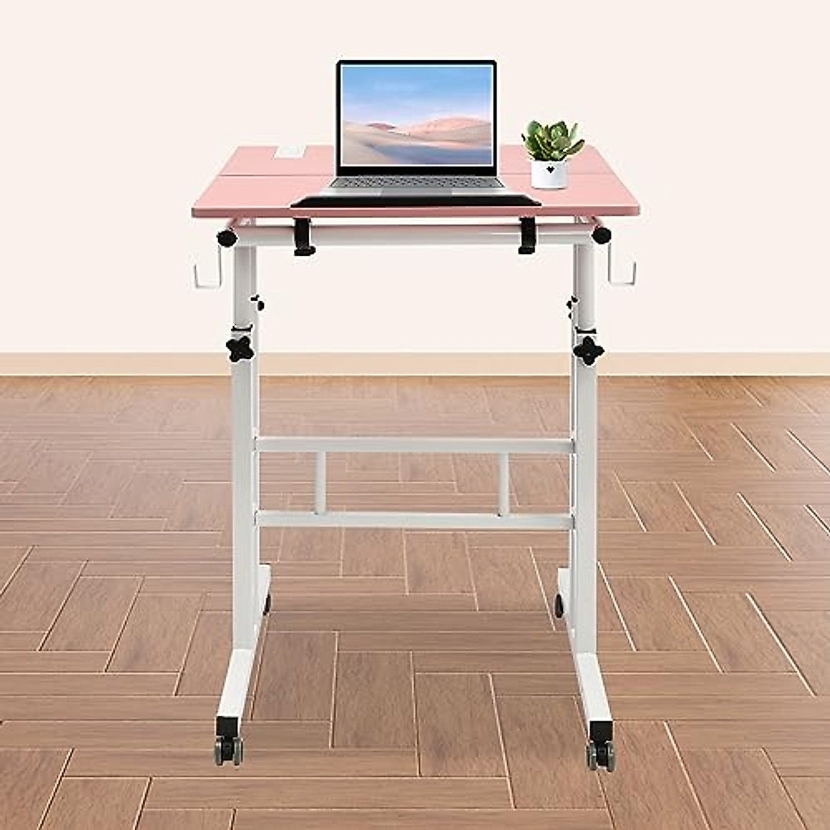LULUGOGOTOP 24" Mobile Stand Up Desk,Small Adjustable Standing Desk w/Wheels,Portable Home Office Computer Workstation w/2 USB,Rolling Desk Laptop Cart for Standing or Sitting (Pink)