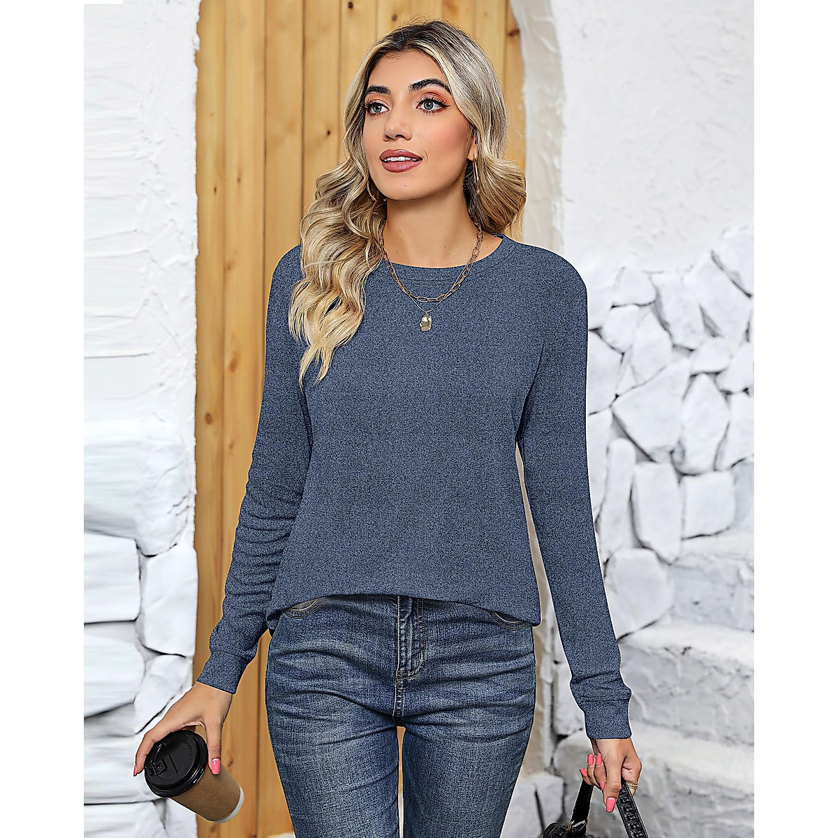 Ficerd 2 Pack Women's Casual Sweatshirts, Long Sleeve Cotton Shirts Loose Fit Lightweight Crew Neck Basic Tops Cute Pullover (Navy Blue, Wine Red,Large)