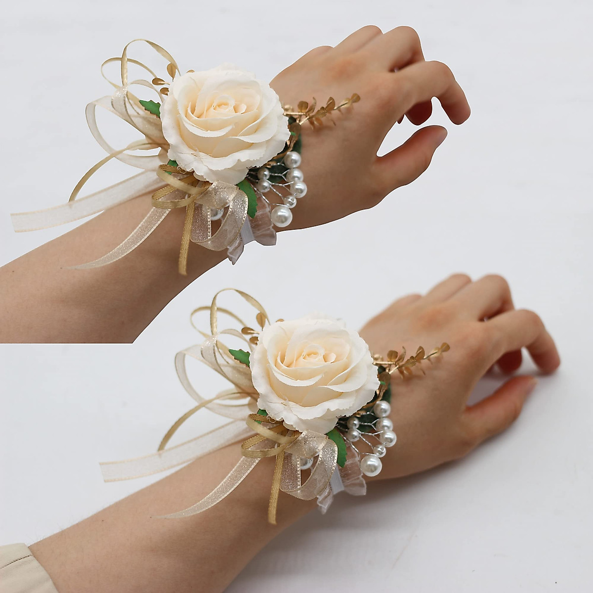 YOKOKE 2 Corsages, Handmade Artificial Peony Rose Wrist Corsage Wristlet Wedding Prom Suit Decorations (2 Gold Wrist Corsage)