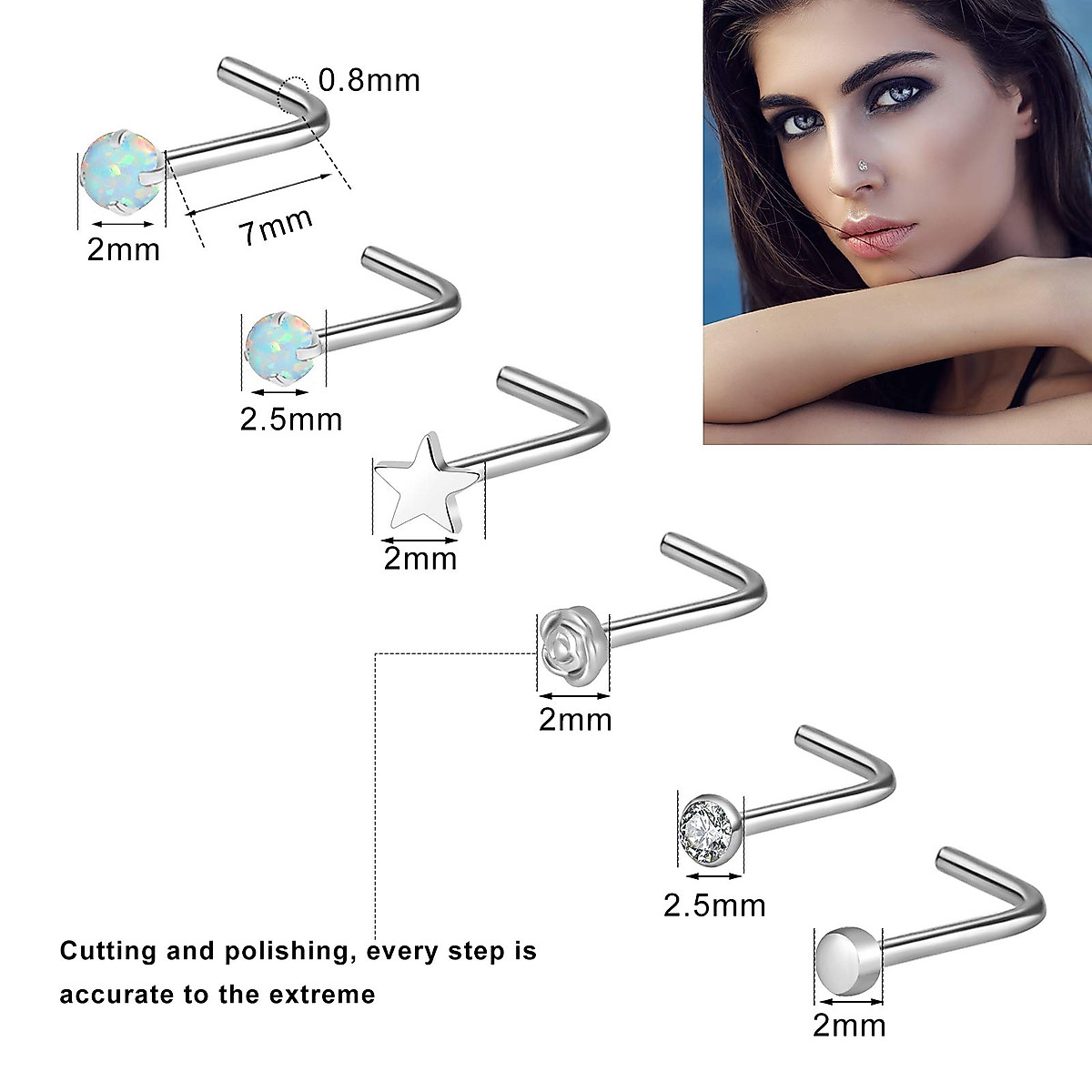 ONESING 60 Pcs 20G Silver Nose Rings for Women Nose Piercing Jewelry L Shape Nose Rings Studs Nose Ring Hoop Nose Screw Hypoallergenic Nose Studs Stainless Steel Nostril Piercing Jewelry