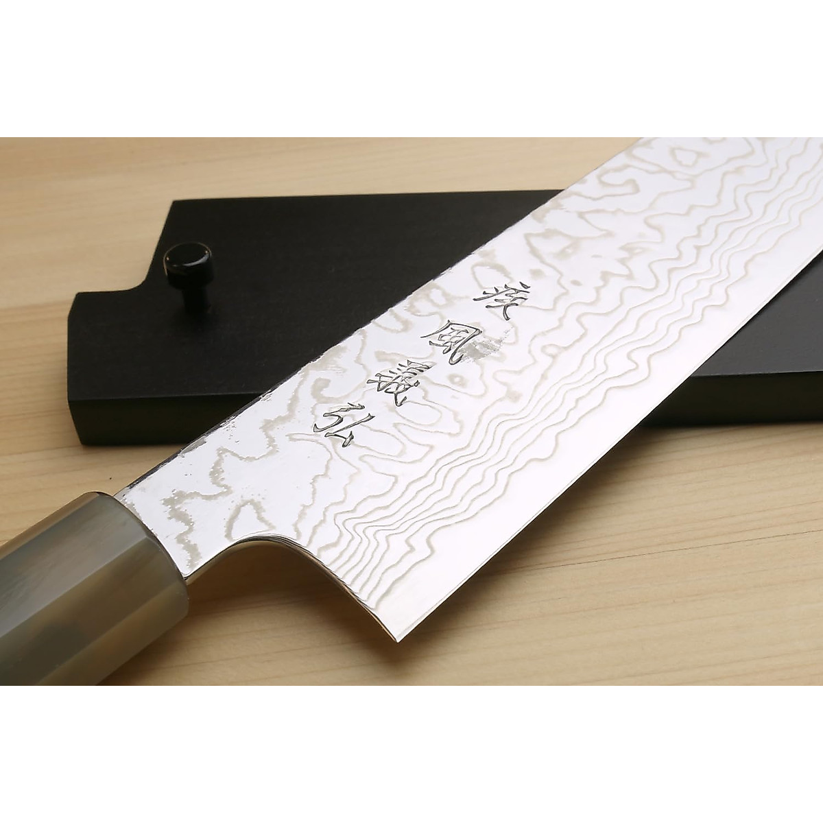 Yoshihiro Hayate ZDP189 Suminagashi Super High Carbon Stainless Steel Kiritsuke Knife Octagonal Ebony Wood Handle with Triple Ring (8.25" (210mm))