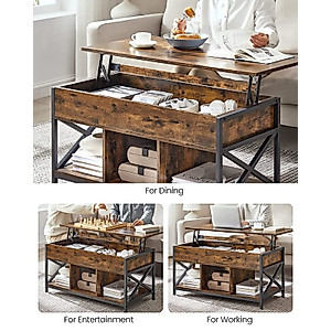 VASAGLE Lift Top Coffee Table for Living Room, Industrial Coffee Table with Hidden Compartments and Storage Shelf, Steel Frame, Rustic Brown and Black