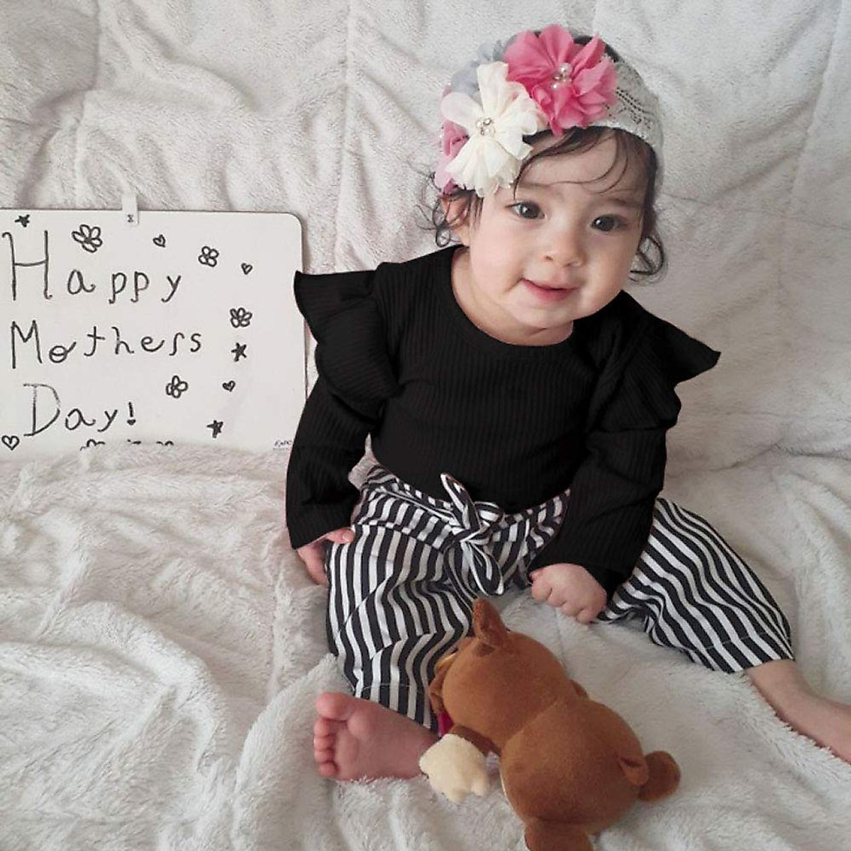 DREAM BUS Newborn Toddler Baby Girl Outfits Romper Ribbed Knitted Long Sleeve Cotton Striped Pants Black,3-6 Months