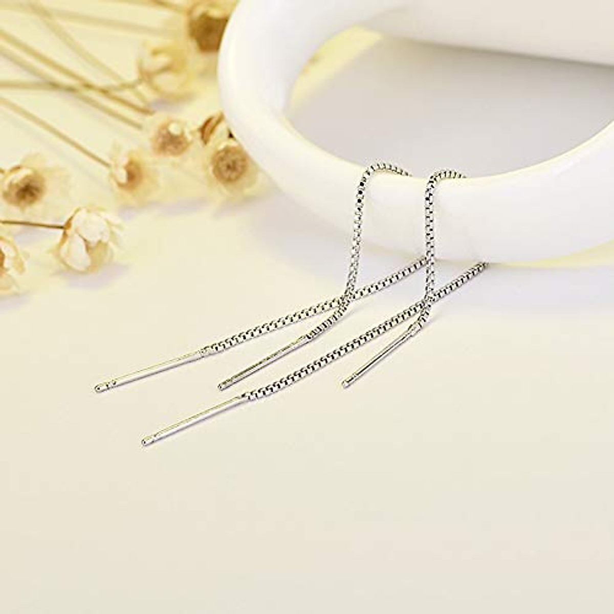 A Pair 925 Sterling Silver Tassel Threader Drop Earrings Long Chain Ear Line (Silver)