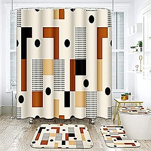 Geometric Plaid Bathroom Sets with Shower Curtain and Rugs and Accessories, Boho Vintage Stripe Brown Shower Curtain Sets, Modern Shower Curtains for Bathroom,Orange Bathroom Decor 4 Pcs