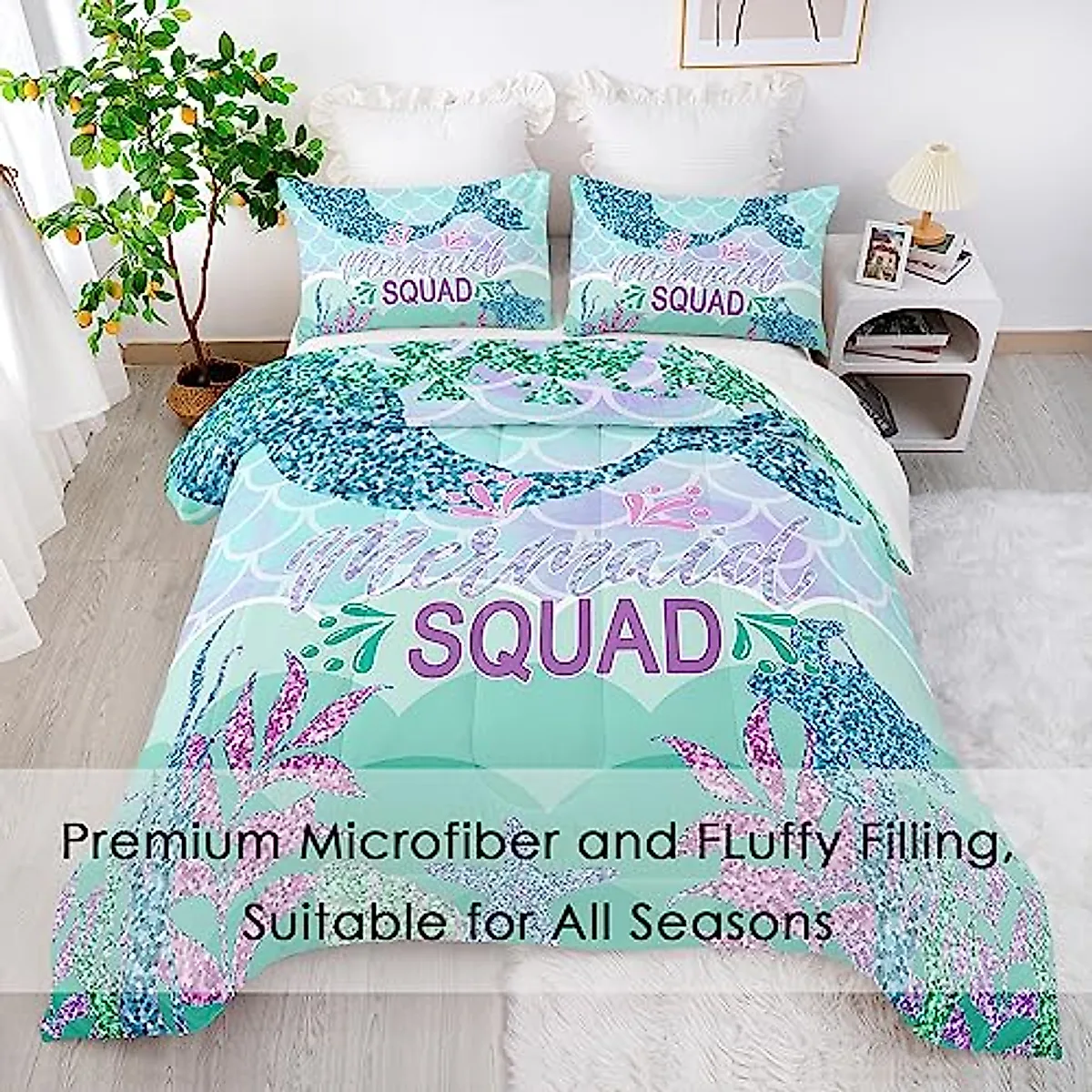 KTAbedding Mermaid Tail Comforter Sets Twin size Bedding Sets for Girls Teens Kids Teal,Easy Care,Cozy Lightweight,1 Comforter&2 Pillowcases Bed-in-a-Bag 3 pieces