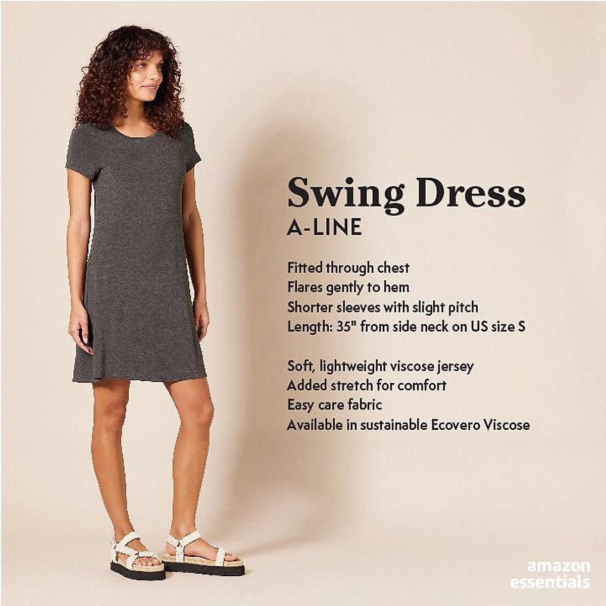 Amazon Essentials Women's Short-Sleeve Scoop Neck Swing Dress (Available in Plus Size), Charcoal Heather, XX-Large