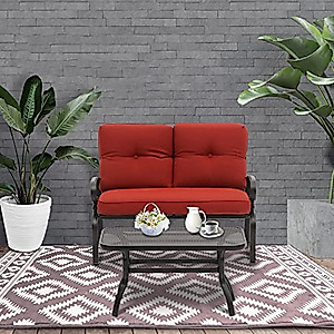 Incbruce Patio Loveseat with Coffee Table - Outdoor Bench with Cushion,2 Piece Wrought Iron Outdoor Loveseat Metal Frame Porch Furniture Set Bench for Patio, Poolside, Garden (Red)