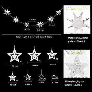 Glitter Silver Star Garlands 3D Star Decorations Hanging Paper Garland Twinkle Star Birthday Party Supplies Anniversary Engagement Wedding Baby Shower Christmas Graduation New Year Ramadan EID