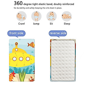 Yellow Submarine Themed Fitted Crib Sheet,Standard Crib Mattress Fitted Sheet Soft & Stretchy Fitted Crib Sheet -Crib Mattress Sheet or Toddler Bed Sheet,52“ x28“,Pale Blue Yellow