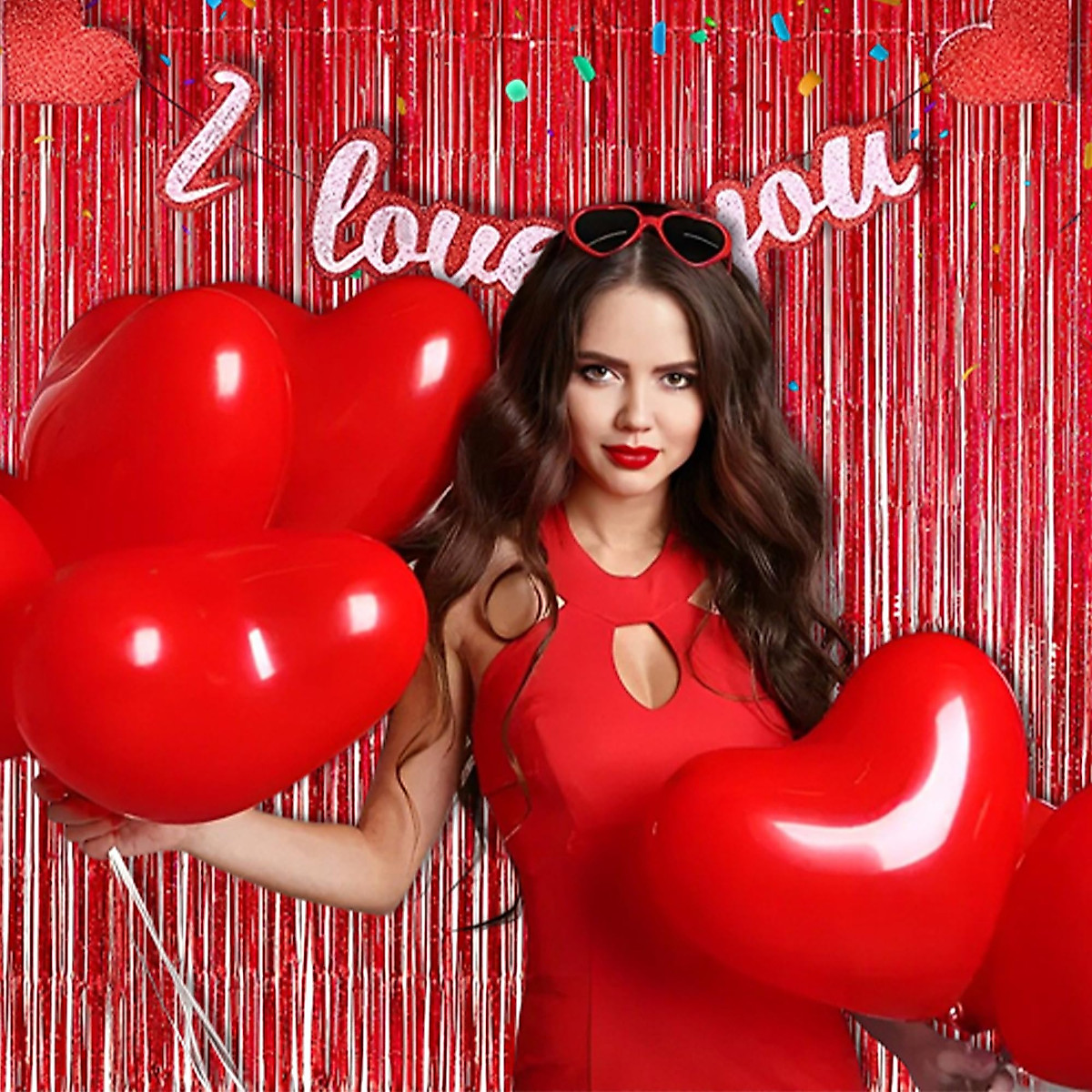 BRAVESHINE Red Tinsel Foil Fringe Curtains - 2Pcs 3.2x8.2ft Holidays Photo Booth Backdrop for Girls' Birthdays Valentine’s Day Christmas Bridal Bachelorette Anniversary Engagement Party